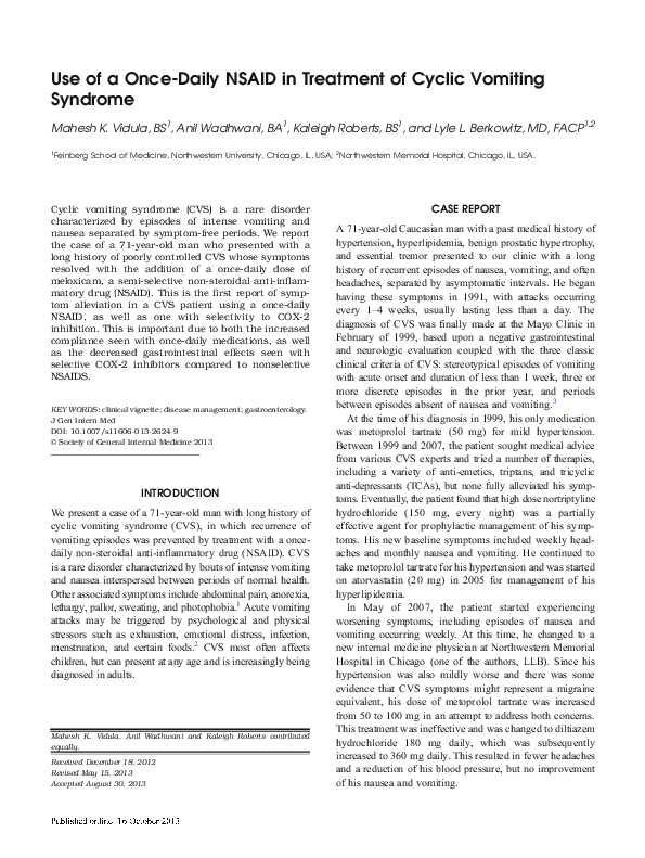 (PDF) Use of a Once-Daily NSAID in Treatment of Cyclic Vomiting Syndrome