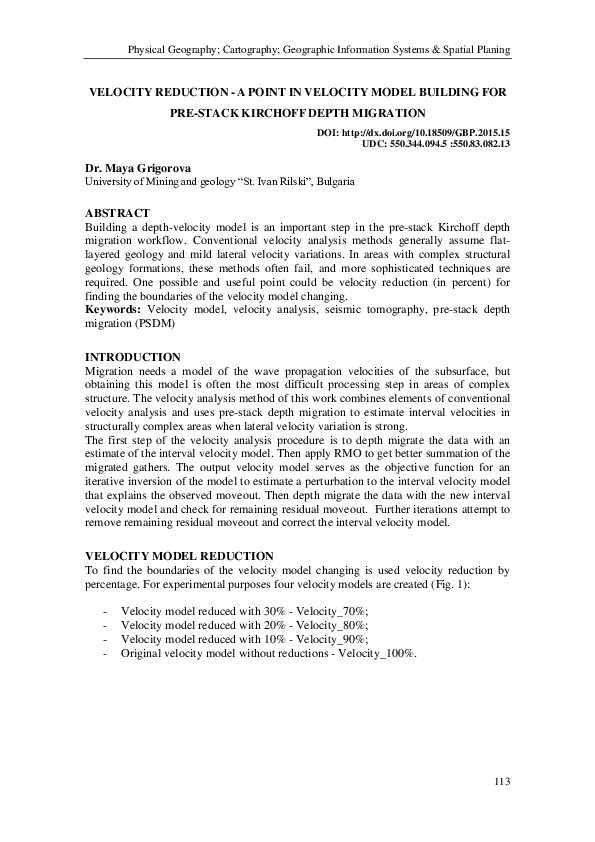 (PDF) VELOCITY REDUCTION -A POINT IN VELOCITY MODEL BUILDING FOR PRE-STACK KIRCHOFF DEPTH MIGRATION