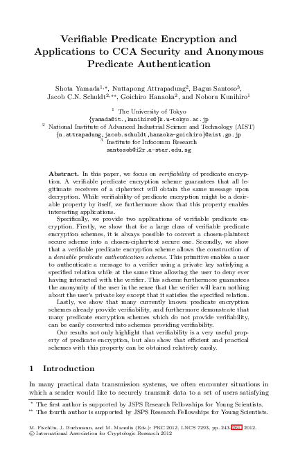 Pdf Verifiable Predicate Encryption And Applications To Cca Security And Anonymous Predicate 