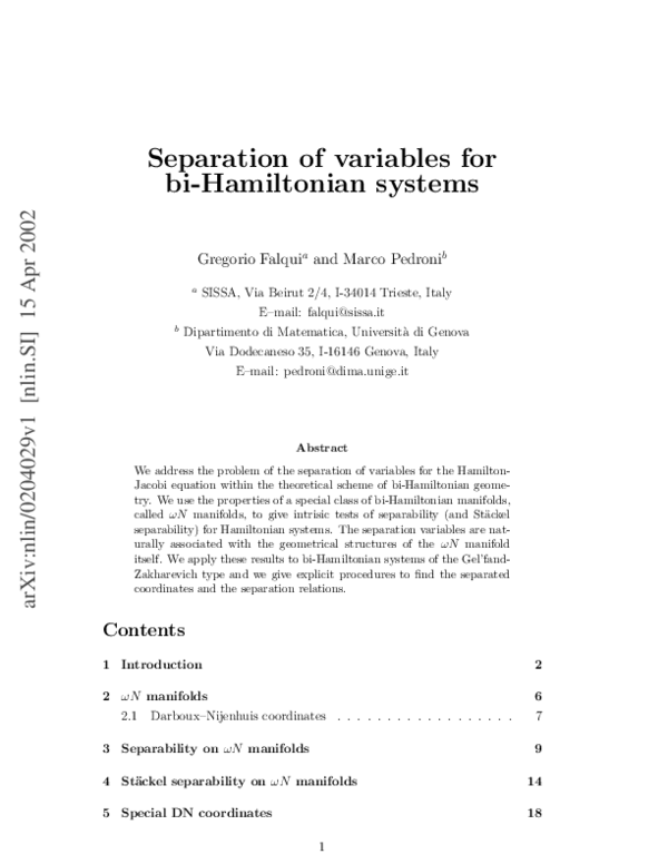 (PDF) Separation of variables for bi-Hamiltonian systems