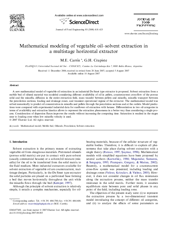 (PDF) Mathematical modeling of vegetable oil–solvent extraction in a multistage horizontal extractor