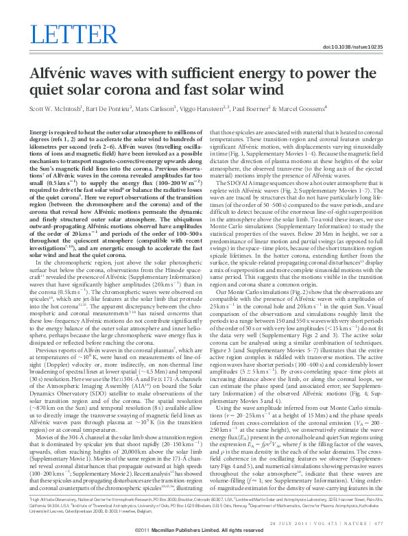 (PDF) Alfvénic waves with sufficient energy to power the quiet solar corona and fast solar wind