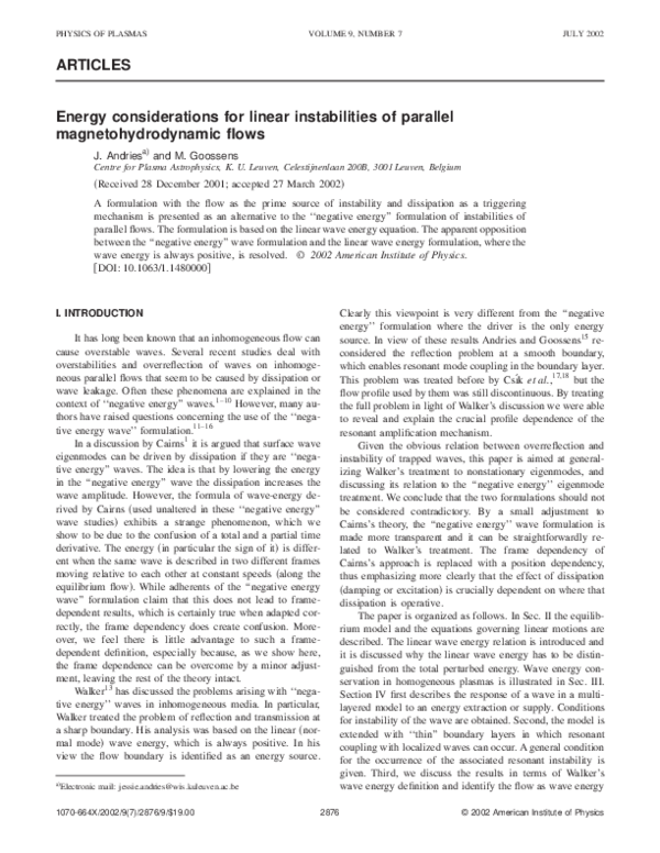 (PDF) Energy considerations for linear instabilities of parallel magnetohydrodynamic flows ...