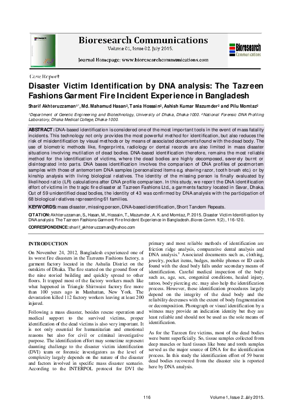 (PDF) Disaster Victim Identification by DNA analysis: The Tazreen ...
