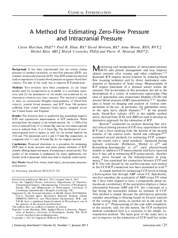 (PDF) A Method for Estimating Zero-Flow Pressure and Intracranial Pressure