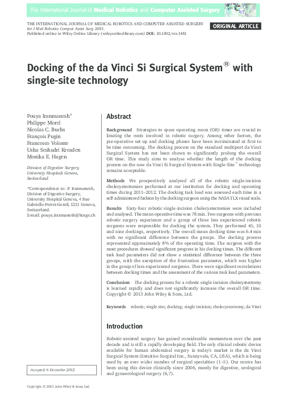 (PDF) Docking of the da Vinci Si Surgical System with single-site ...