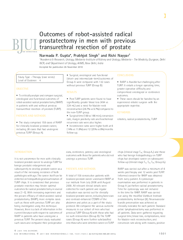 Pdf Outcomes Of Robot Assisted Radical Prostatectomy In Men With Previous Transurethral