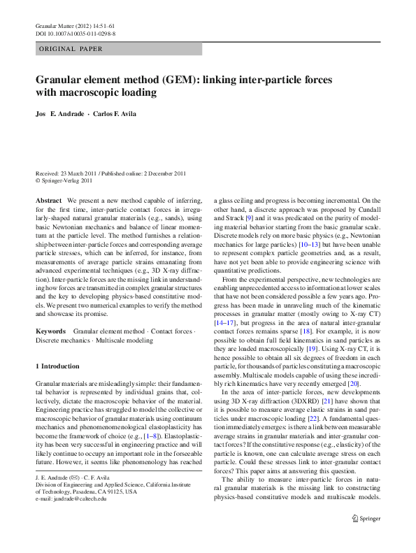(PDF) Granular element method (GEM): linking inter-particle forces with macroscopic loading