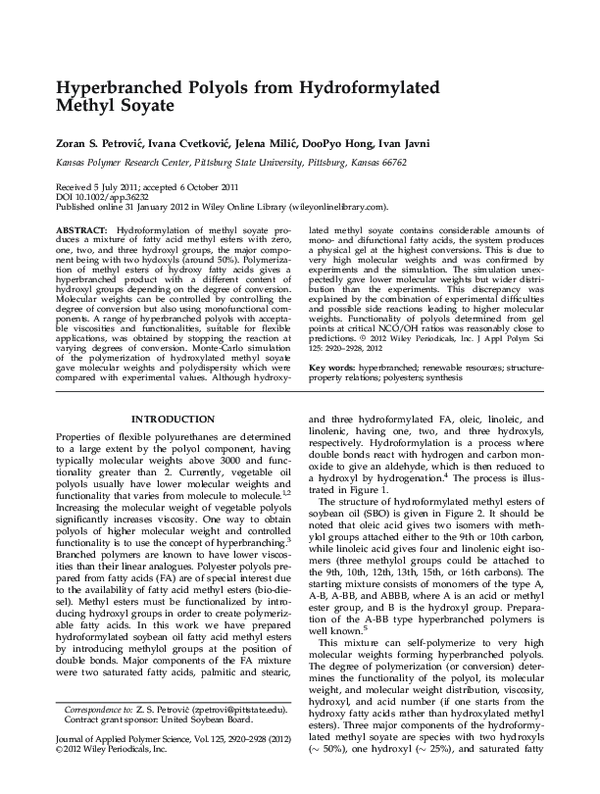 (PDF) Hyperbranched polyols from hydroformylated methyl soyate