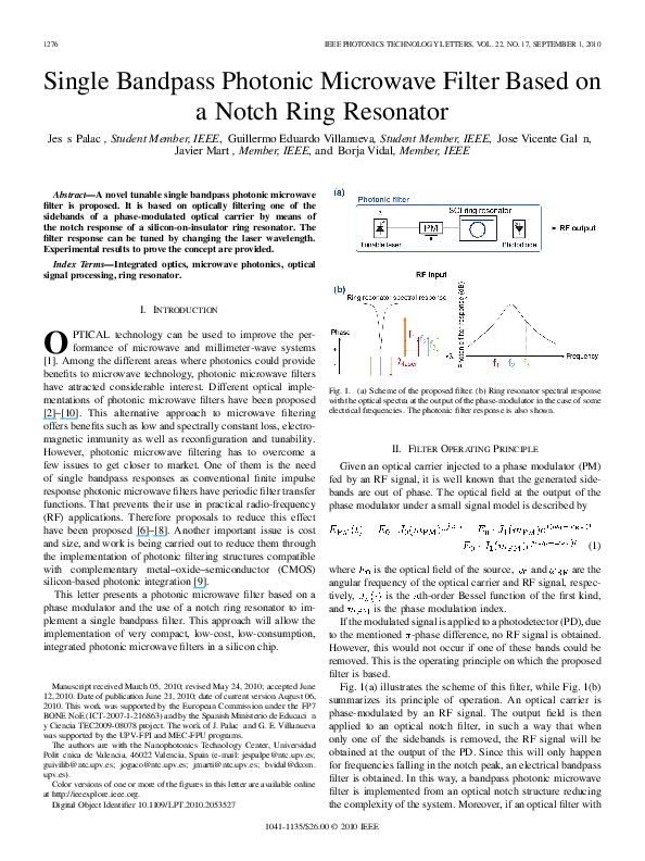 (PDF) Single Bandpass Photonic Microwave Filter Based on a Notch Ring ...