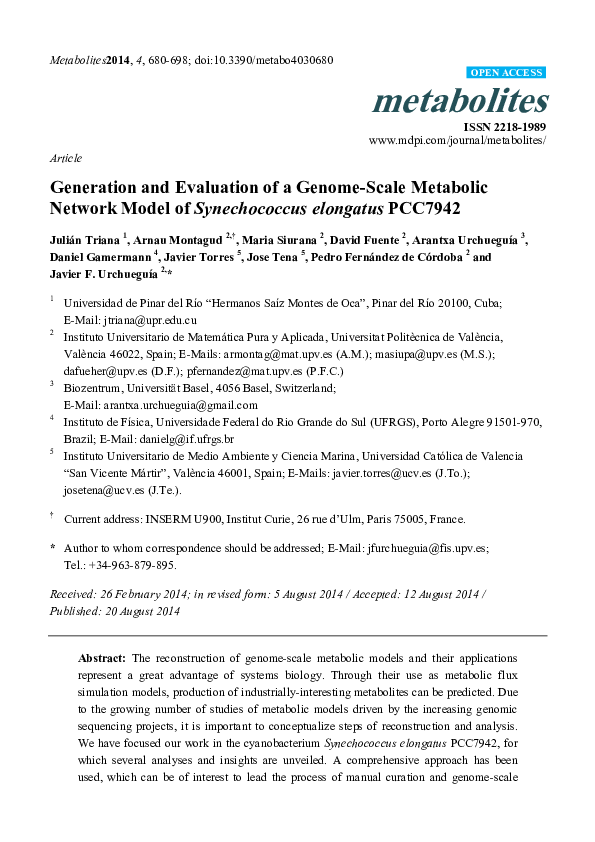 (PDF) Generation and Evaluation of a Genome-Scale Metabolic Network Model of Synechococcus ...