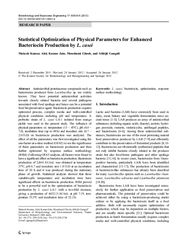 Pdf Statistical Optimization Of Physical Parameters For Enhanced Bacteriocin Production By L