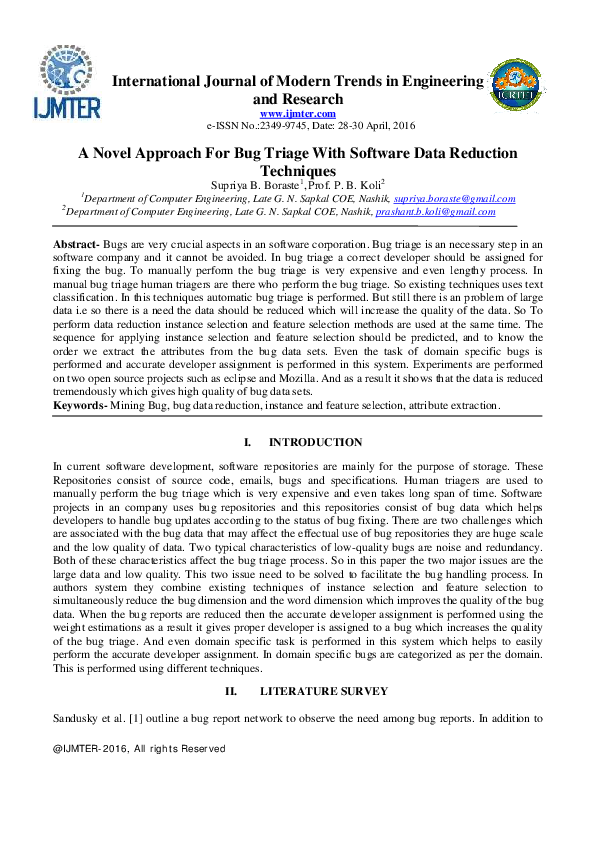 Pdf A Novel Approach For Bug Triage With Software Data Reduction Techniques 