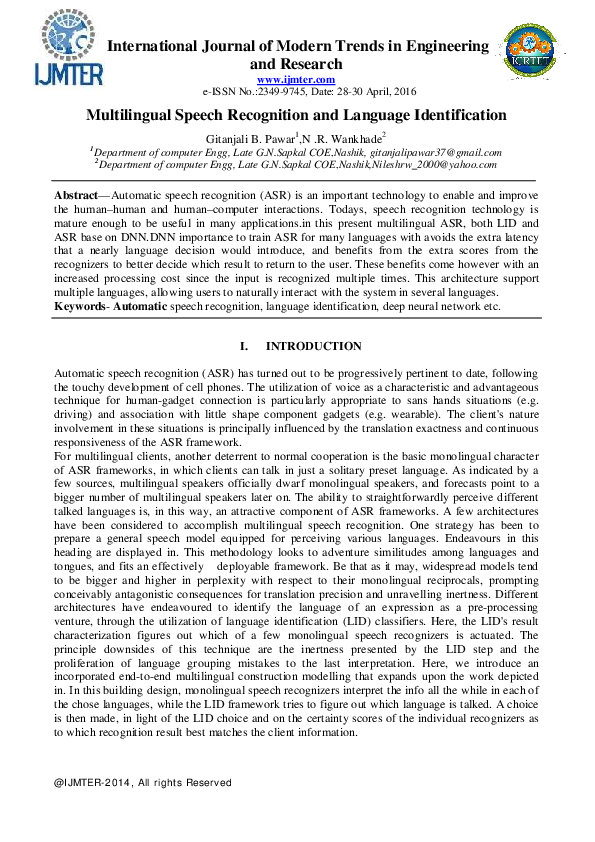 (PDF) Multilingual Speech Recognition and Language Identification