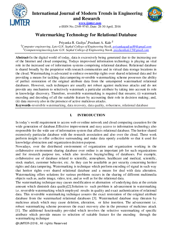 (PDF) Watermarking Technology for Relational Database