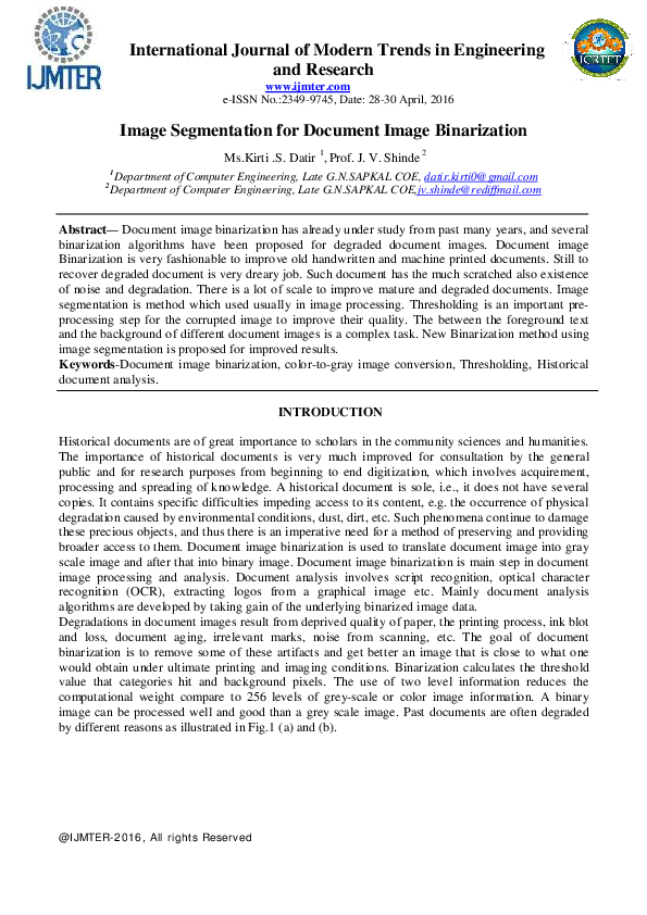 (PDF) Image Segmentation for Document Image Binarization