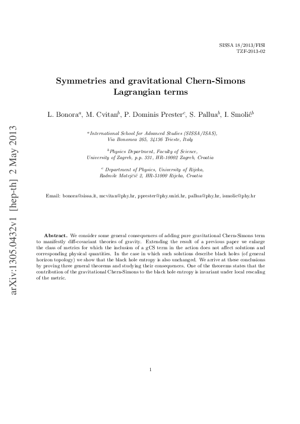 (PDF) Symmetries and gravitational Chern–Simons Lagrangian terms