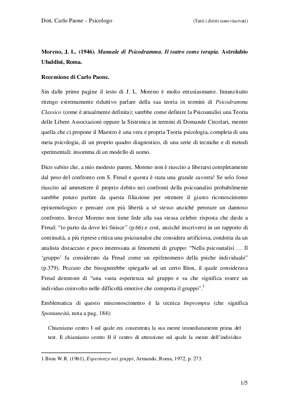 (PDF) Manuale di Psicodramma di J. L. Moreno. Recensione di Carlo Paone.