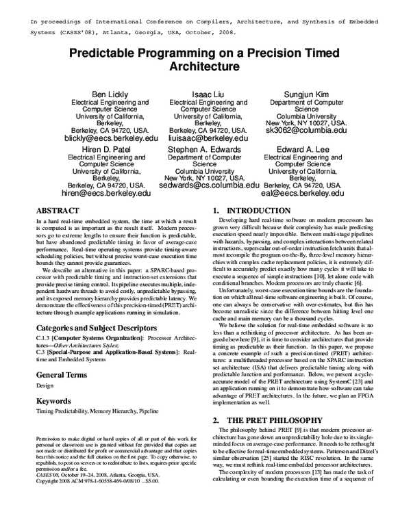 Pdf Predictable Programming On A Precision Timed Architecture