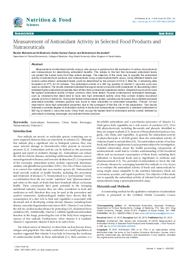 (PDF) Nutrition & Food Measurement of Antioxidant Activity in Selected ...
