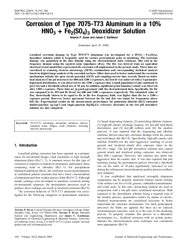 (PDF) Corrosion of Type 7075-T73 Aluminum in a 10% HNO3 + Fe2(SO4)3 Deoxidizer Solution