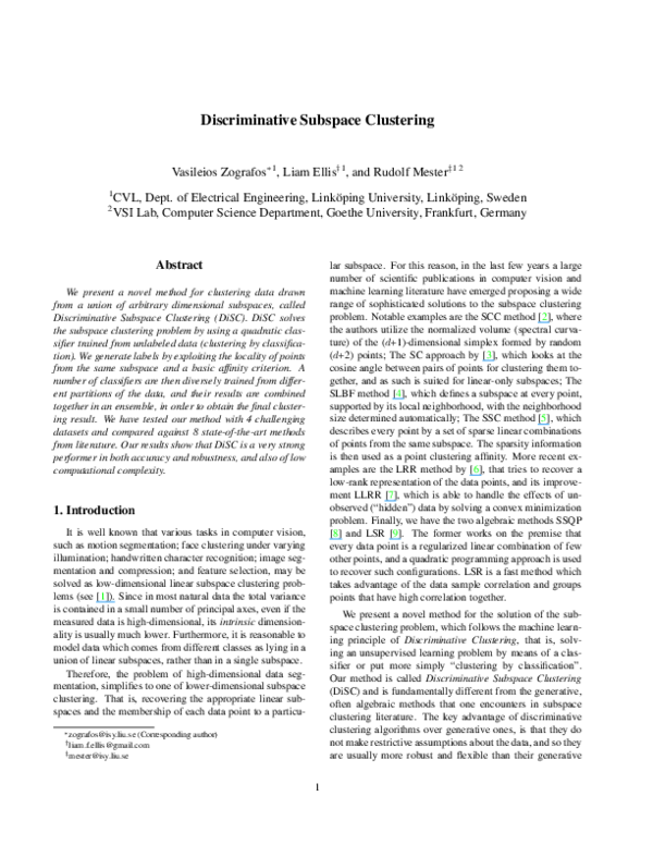 (PDF) Discriminative Subspace Clustering