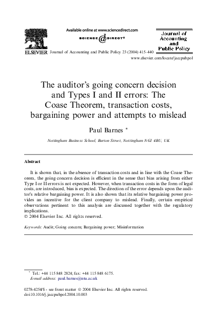 (PDF) The auditor’s going concern decision and Types I and II errors ...