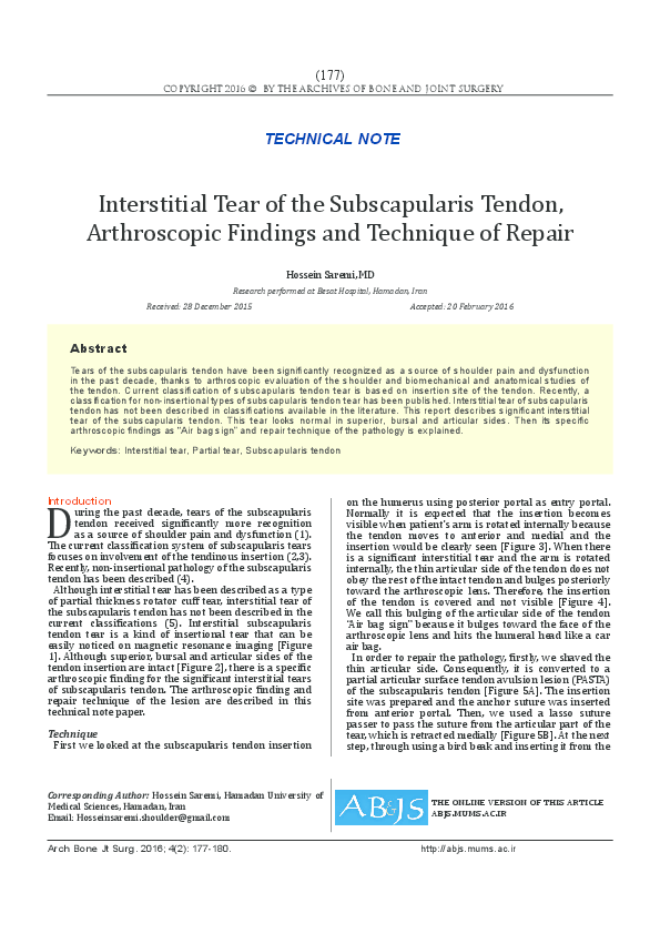 (PDF) Interstitial tear of the subscapularis tendon, arthroscopic ...