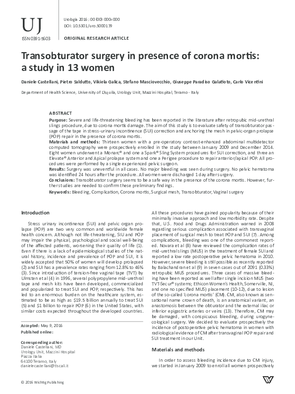 (PDF) Transobturator surgery in presence of corona mortis: a study in ...