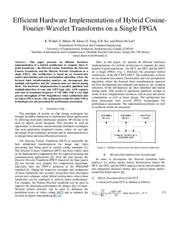 (PDF) Efficient hardware implementation of hybrid cosine-fourier-wavelet transforms on a single FPGA