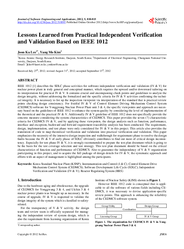 (PDF) Lessons Learned from Practical Independent Verification and Validation Based on IEEE 1012