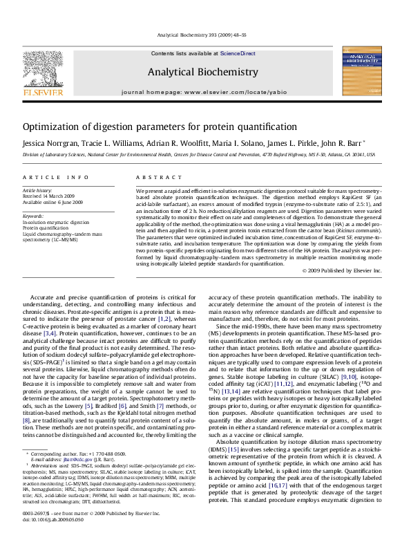 (PDF) Optimization of digestion parameters for protein quantification