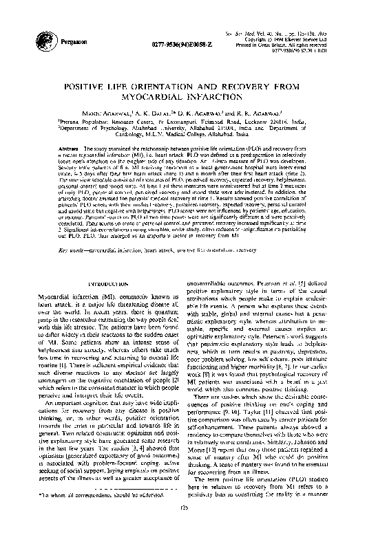 (PDF) Positive life orientation and recovery from myocardial infarction