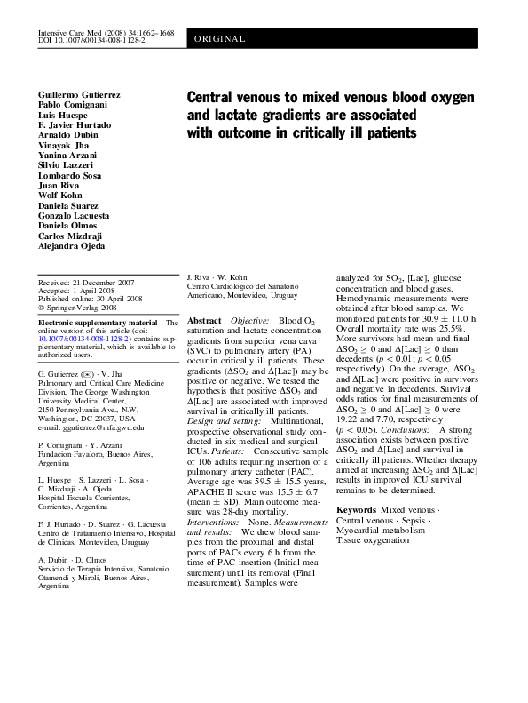 (PDF) Central venous to mixed venous blood oxygen and lactate gradients ...