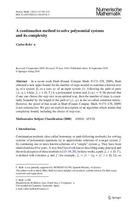 (PDF) A continuation method to solve polynomial systems and its complexity