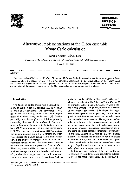 (PDF) Alternative implementations of the Gibbs ensemble Monte Carlo calculation