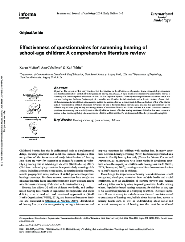 (PDF) Effectiveness of questionnaires for screening hearing of school ...