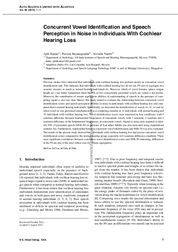 Pdf Concurrent Vowel Identification And Speech Perception In Noise In Individuals With