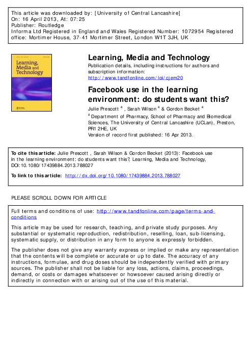(PDF) Facebook use in the learning environment: do students want this?