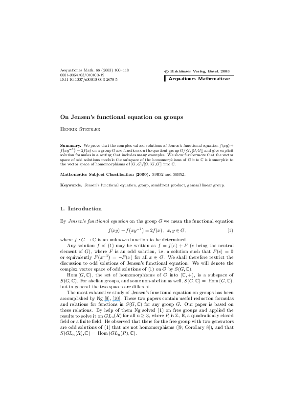 (PDF) On Jensen?s functional equation on groups