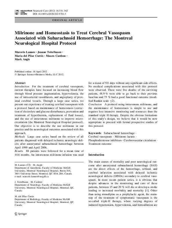 (PDF) Milrinone and Homeostasis to Treat Cerebral Vasospasm Associated ...