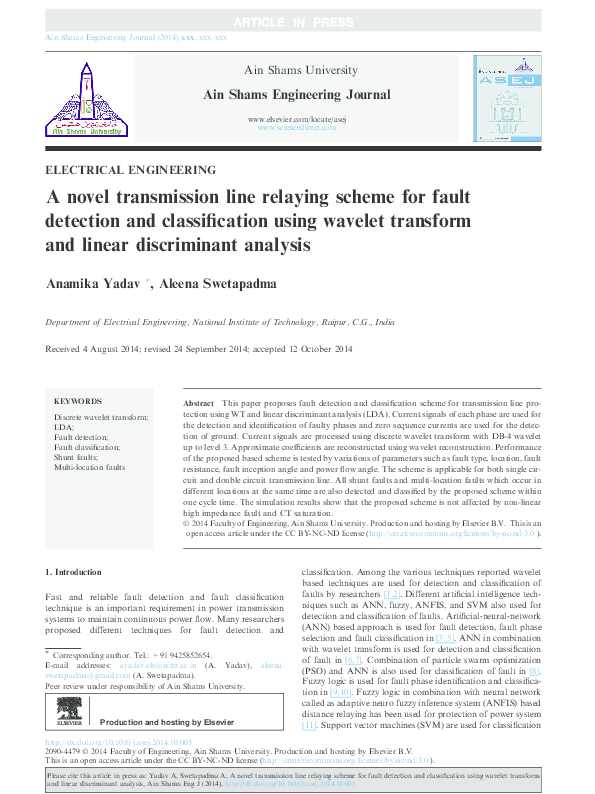 (PDF) A novel transmission line relaying scheme for fault detection and classification using ...