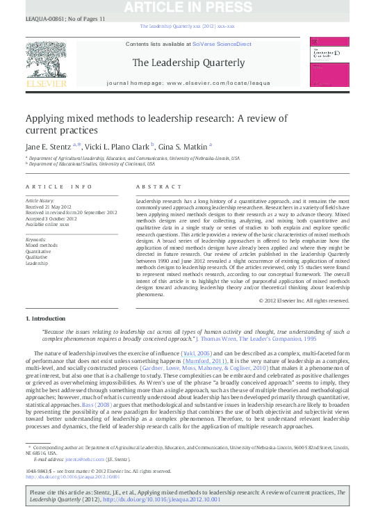 (PDF) Applying mixed methods to leadership research: A review of ...