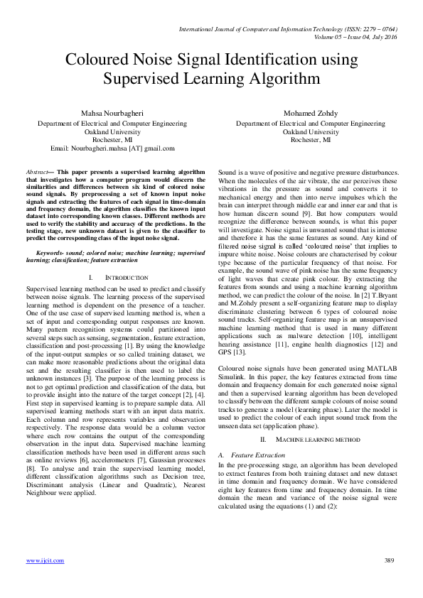 (PDF) Coloured Noise Signal Identification using Supervised Learning ...