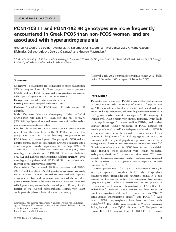 (PDF) PON1-108 TT and PON1-192 RR genotypes are more frequently ...