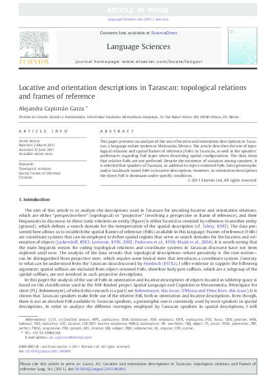 (PDF) Locative and orientation descriptions in Tarascan: Topological ...
