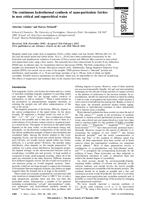 (PDF) The continuous hydrothermal synthesis of nano-particulate ...