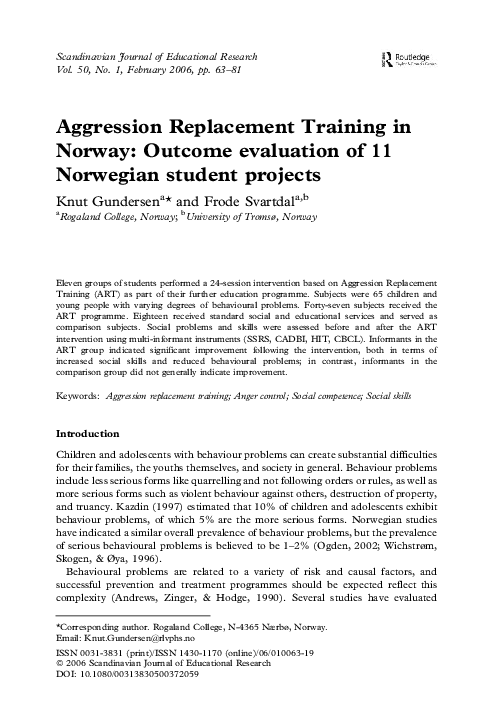 (PDF) Aggression Replacement Training in Norway: Outcome evaluation of ...