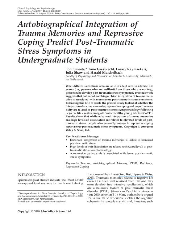 (PDF) Autobiographical integration of trauma memories and repressive ...