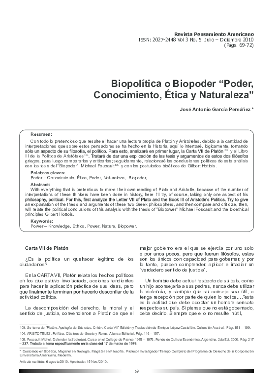 (PDF) Biopolítica o Biopoder “Poder, Conocimiento, Ética y Naturaleza”